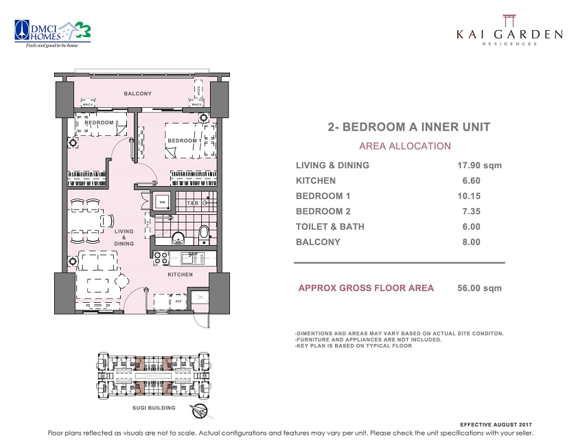 Kai 2 Bedroom A Unit Layout 56 square meters | DMCI Homes