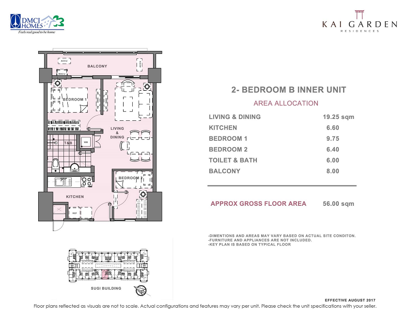 Kai 2 Bedroom B Unit Layout 56 square meters | DMCI Homes